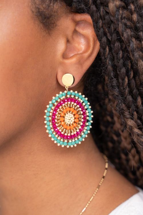 Round statement earrings with green and pink beads | My Jewellery