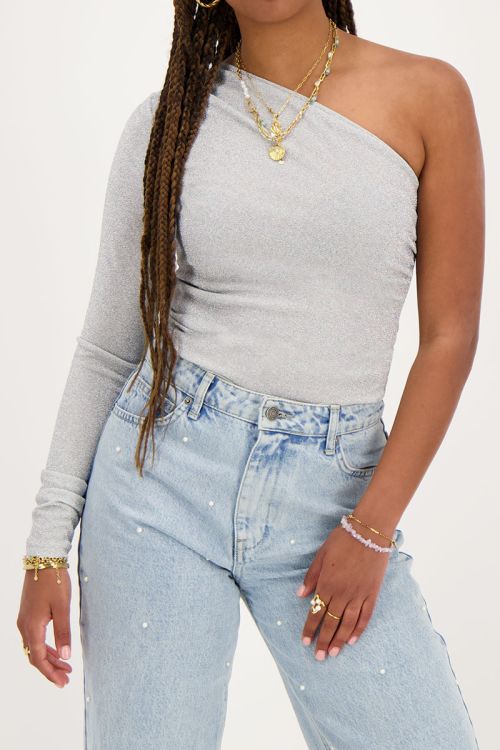 Zilveren one-shoulder top met lurex | My Jewellery