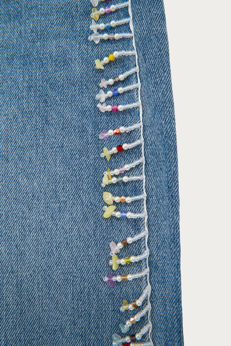 Blaue Jeans mit weitem Bein und Perlenfransen | My Jewellery